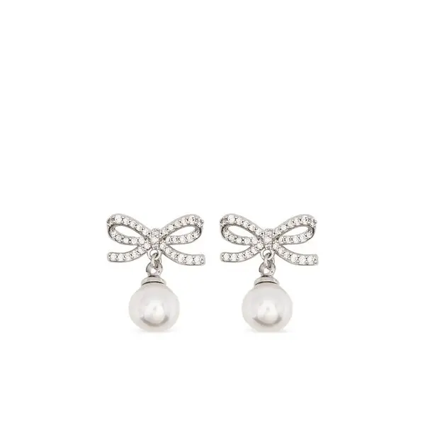 SELF-PORTRAIT Crystal Embellished Bow And Faux Pearl Drop Earrings - Silver