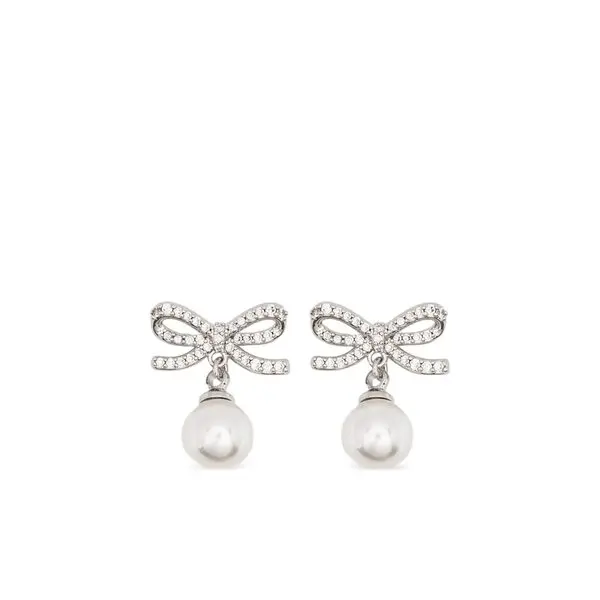 SELF-PORTRAIT Crystal Embellished Bow And Faux Pearl Drop Earrings - Silver
