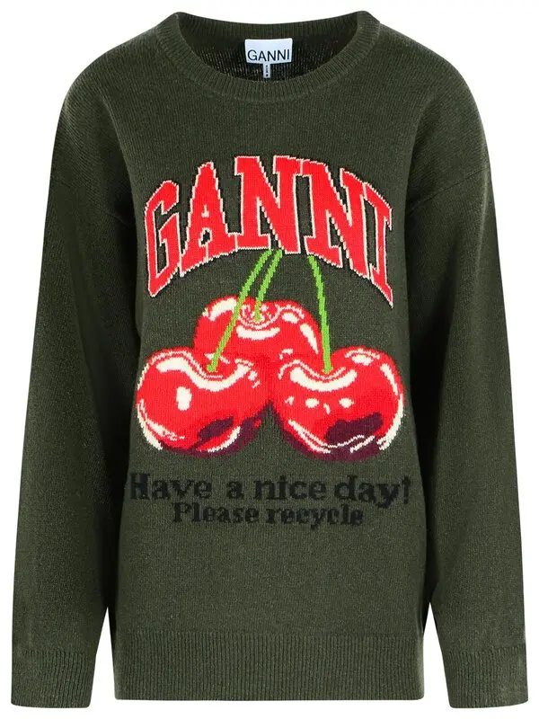 GANNI Wool Blend Sweater With Cherry Pattern - Green