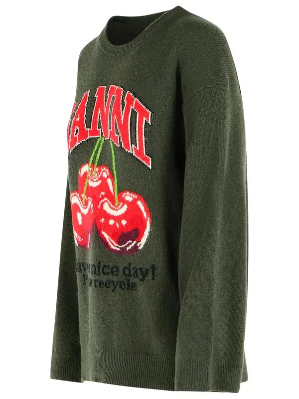 GANNI Wool Blend Sweater With Cherry Pattern - Green