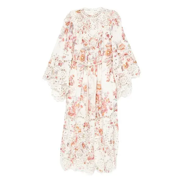 Zimmermann Ivory Floral Print Lace Detailed Linen Dress - Cream