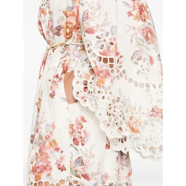 Zimmermann Ivory Floral Print Lace Detailed Linen Dress - Cream