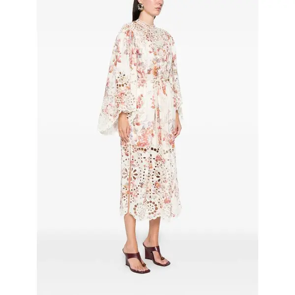 Zimmermann Ivory Floral Print Lace Detailed Linen Dress - Cream