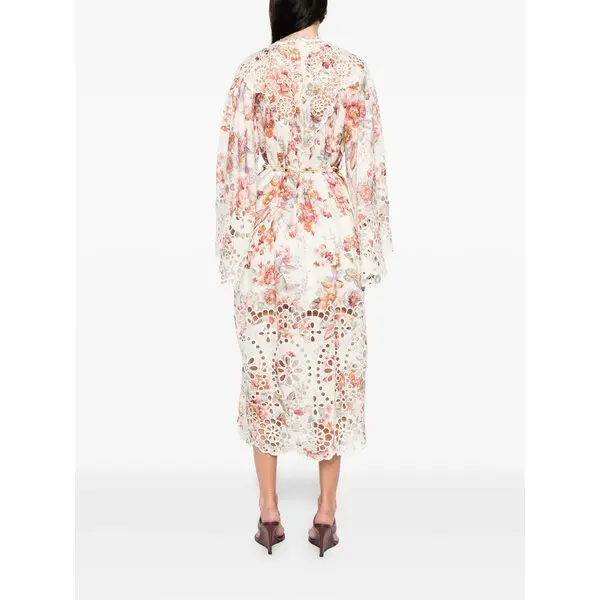 Zimmermann Ivory Floral Print Lace Detailed Linen Dress - Cream
