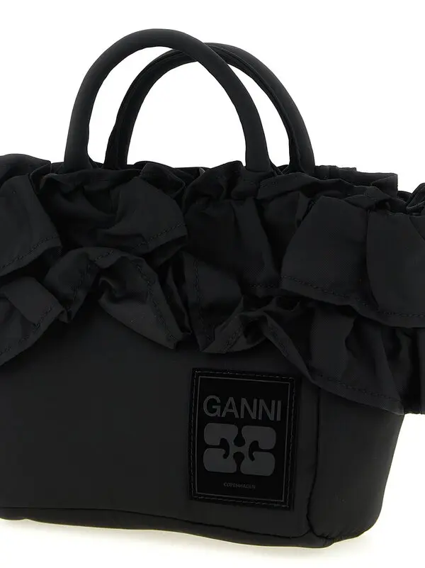 GANNI Mini Shopper Ruffle Handbag - Black