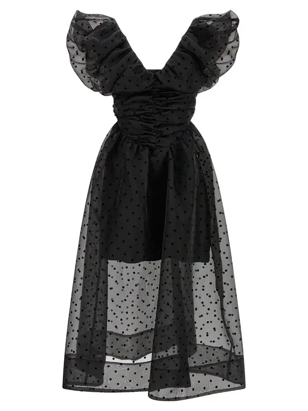 GANNI Organza Ruched Midi Dress With Polka Dot Print