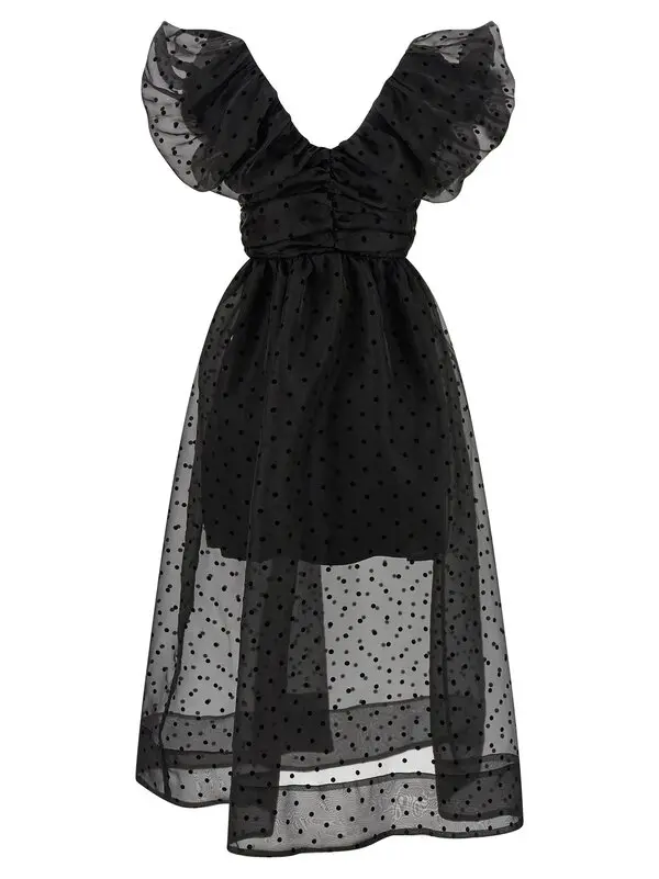 GANNI Organza Ruched Midi Dress With Polka Dot Print