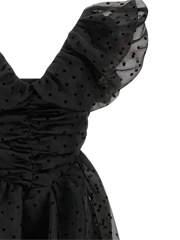 GANNI Organza Ruched Midi Dress With Polka Dot Print