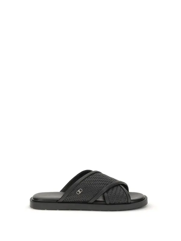 FERRAGAMO Gancini Woven Leather Sandals - Black