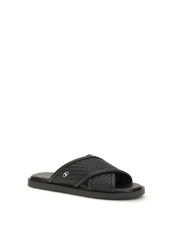 FERRAGAMO Gancini Woven Leather Sandals - Black