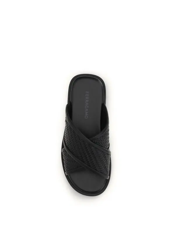 FERRAGAMO Gancini Woven Leather Sandals - Black