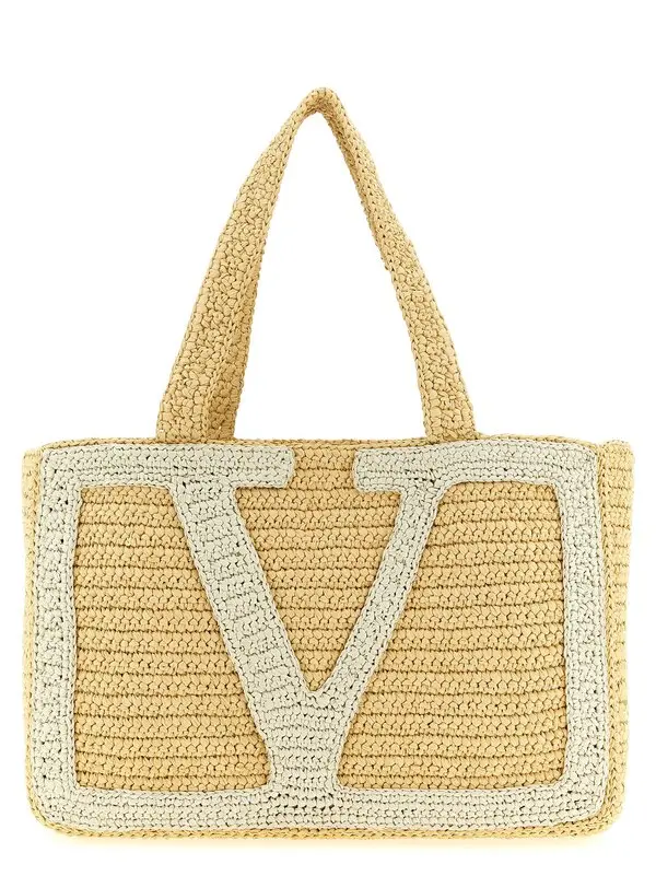 Valentino Garavani Large Viva Superstar Shopping Bag In Crochet Raffia - Cream
