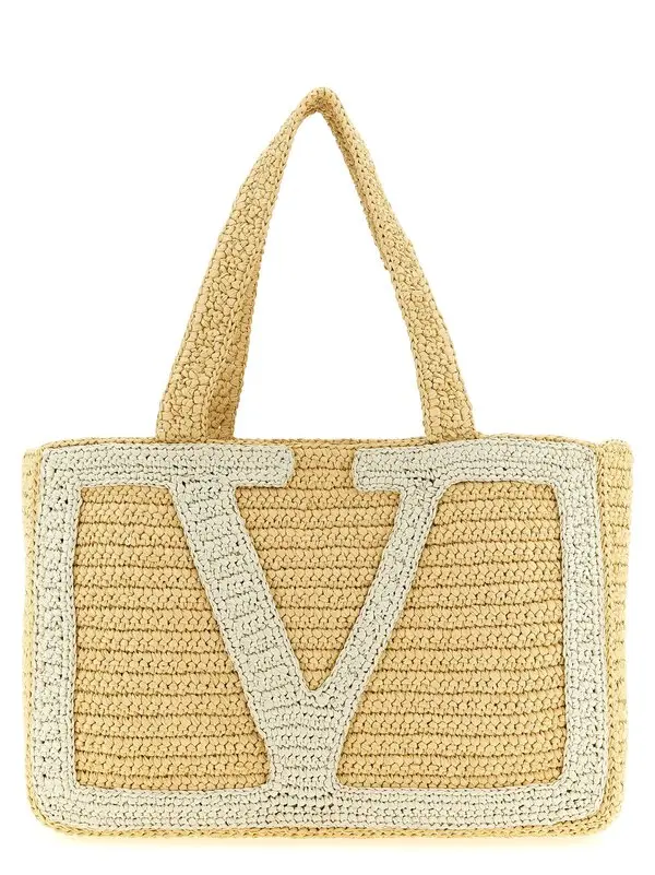 Valentino Garavani Large Viva Superstar Shopping Bag In Crochet Raffia - Cream