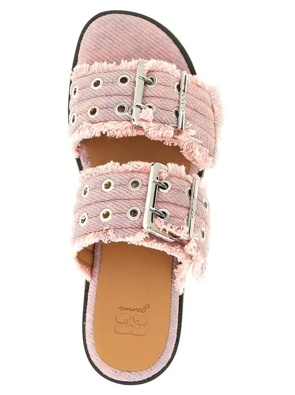 GANNI Buckled Fringed Denim Sandals - Pink