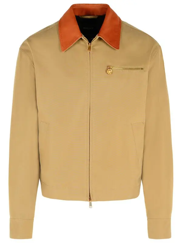 Versace Beige Cotton Jacket With Leather Collar - Cream
