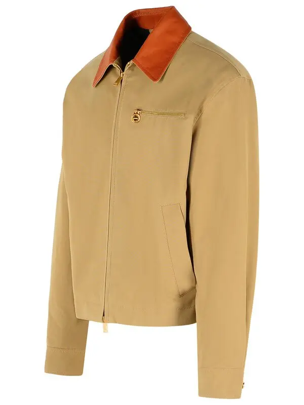Versace Beige Cotton Jacket With Leather Collar - Cream