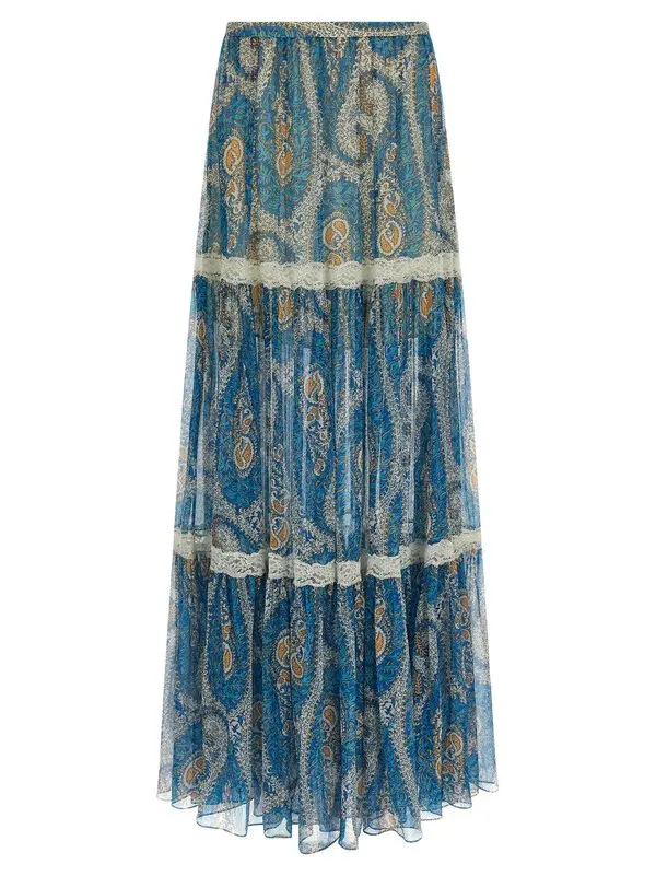 Etro Lace Insert Patterned Silk Skirt - Blue