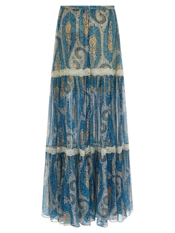 Etro Lace Insert Patterned Silk Skirt - Blue