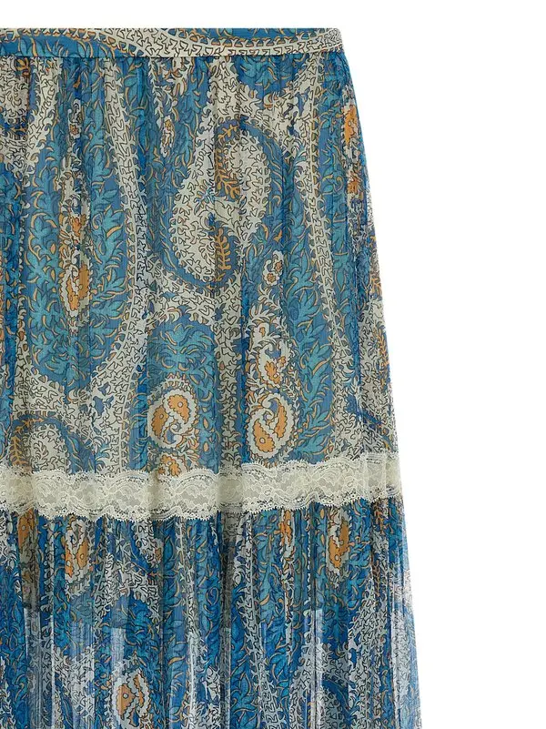 Etro Lace Insert Patterned Silk Skirt - Blue