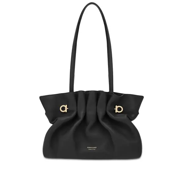 FERRAGAMO Nappa Leather Gancini Shoulder Bag - Black