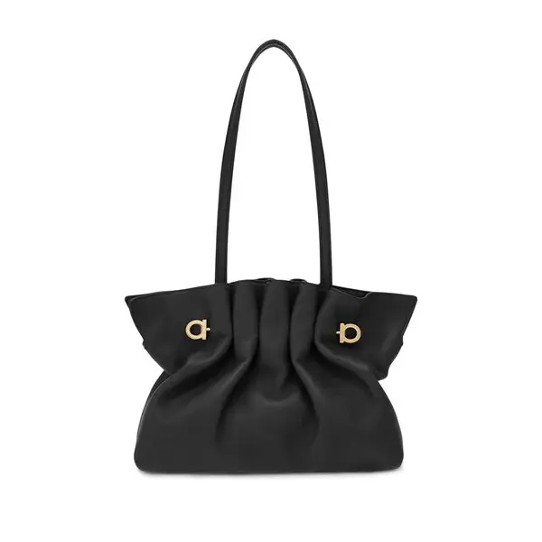 FERRAGAMO Nappa Leather Gancini Shoulder Bag - Black