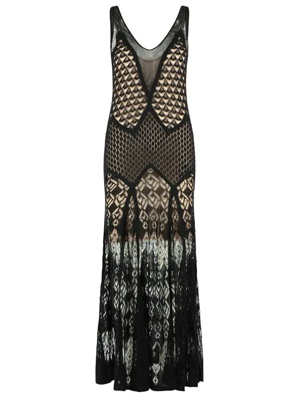 Blumarine Long Dress In Worked Cotton - Black
