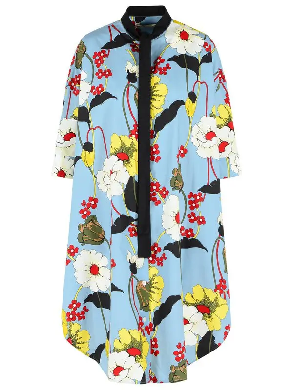 Marni Multicolor Floral Cotton Dress With Contrast Bow - Blue