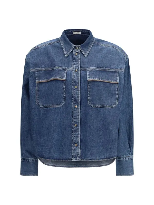 Brunello Cucinelli Denim Shirt With Jewel Details - Blue