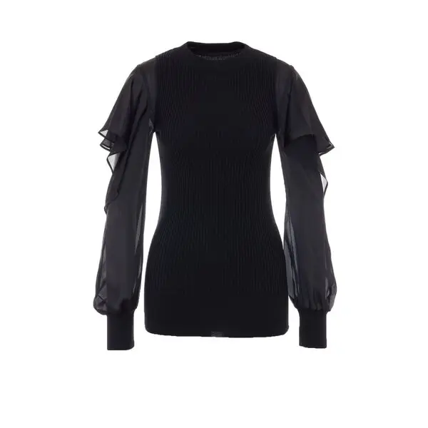 Sacai Satin X Cotton Knit Pullover With Frill Sleeves - Black