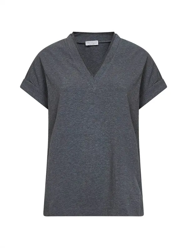 Brunello Cucinelli Grey Stretch Jersey T-shirt With Precious Neckline - Multicolor