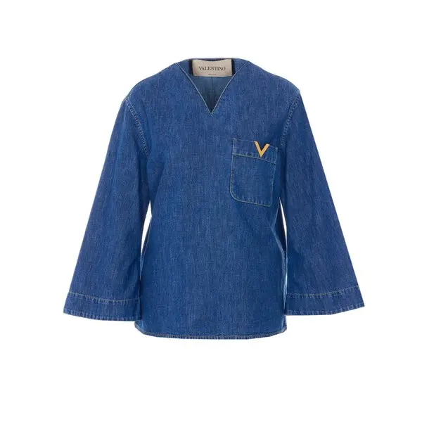 Valentino Garavani Denim Shirt With Embossed Logo - Blue
