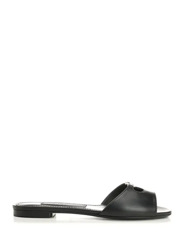 Dolce & Gabbana Leather Slides With Gold Metal Logo - Black