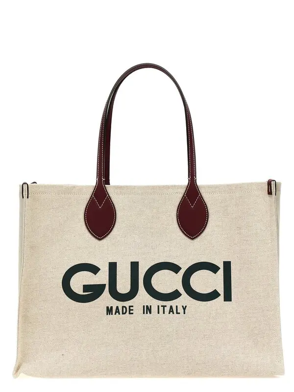 Gucci Canvas Shopping Bag With Leather Details And Front Logo Print