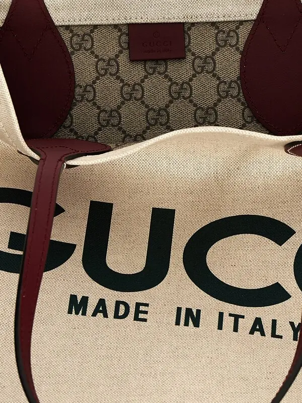 Gucci Canvas Shopping Bag With Leather Details And Front Logo Print