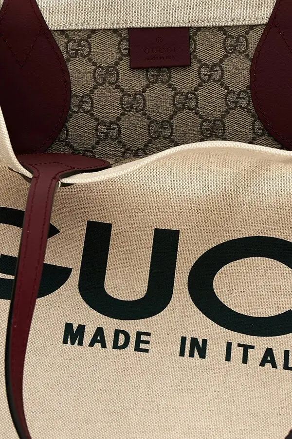 Gucci Canvas Shopping Bag With Leather Details And Front Logo Print