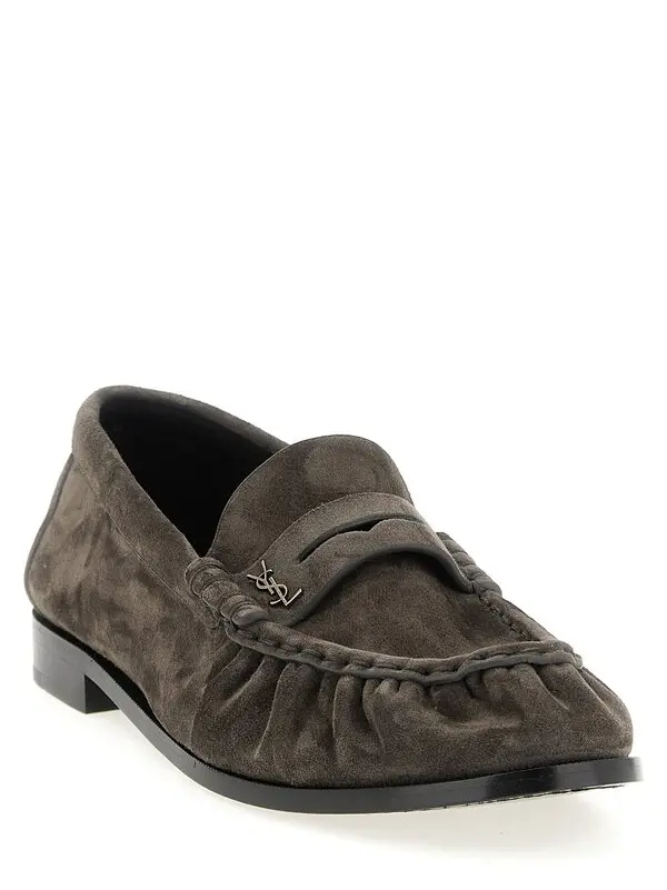 Saint Laurent Le Loafer' Suede Loafers With Antiqued Metal Logo - Brown