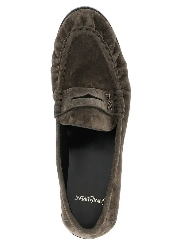 Saint Laurent Le Loafer' Suede Loafers With Antiqued Metal Logo - Brown
