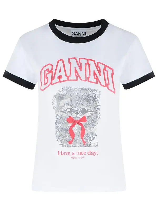 GANNI Cotton T-shirt With Puppy Logo - White