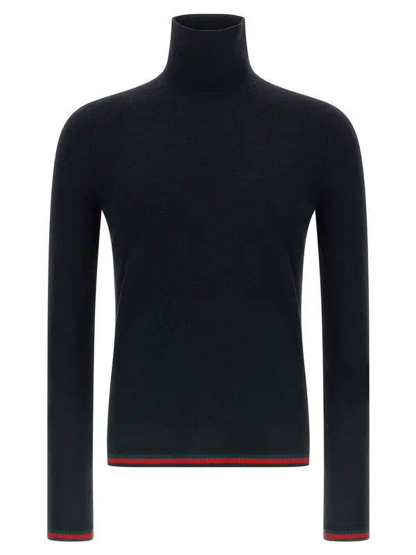 Gucci Cashmere High Neck Sweater With Web Ribbon Detail - Blue