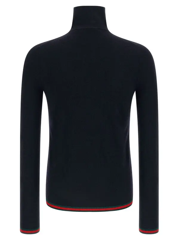 Gucci Cashmere High Neck Sweater With Web Ribbon Detail - Blue