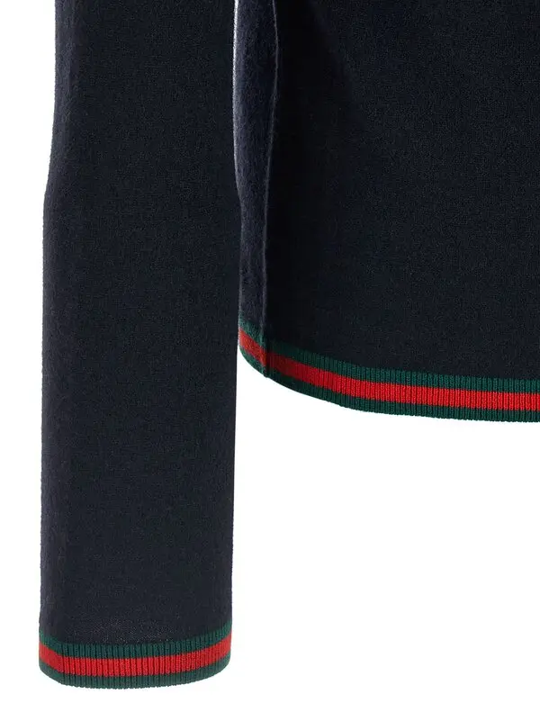 Gucci Cashmere High Neck Sweater With Web Ribbon Detail - Blue
