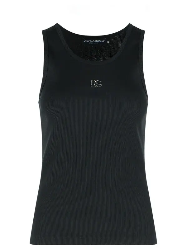 Dolce & Gabbana Ribbed Tank Top With Rhinestone Logo - Black