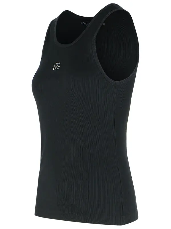 Dolce & Gabbana Ribbed Tank Top With Rhinestone Logo - Black