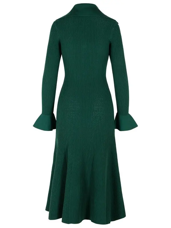 SELF-PORTRAIT Ribbed Knit Dress With Keyhole Neckline - Green