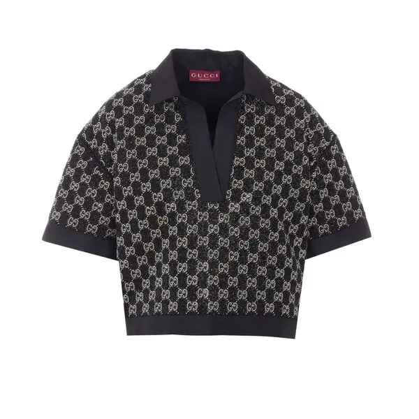 Gucci Wool Tweed Lame V-neck Top - Black
