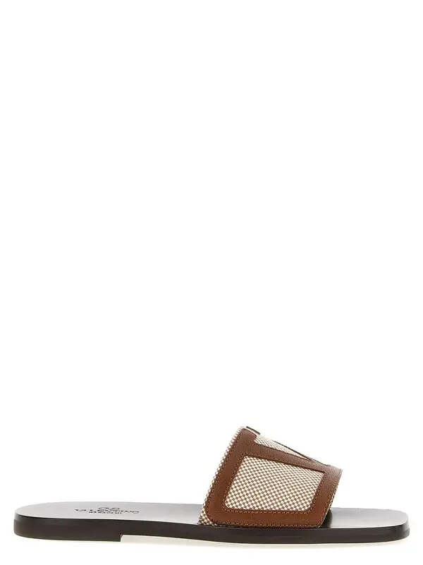 Valentino Garavani Vlogo Signature Woven Canvas And Leather Slides - Brown