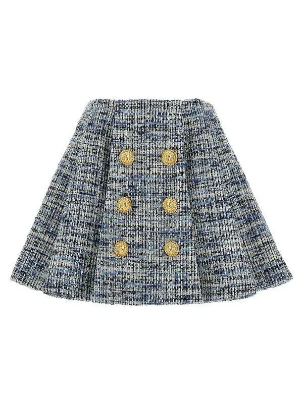 Balmain High-waisted Flared Pleated Tweed Mini Skirt - Blue