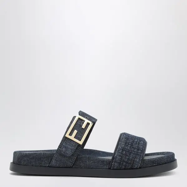 Fendi Dark Denim Slides With Ff Buckle