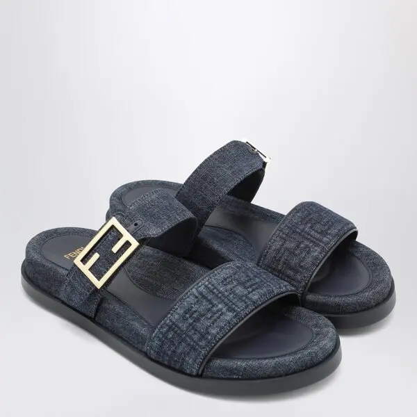Fendi Dark Denim Slides With Ff Buckle