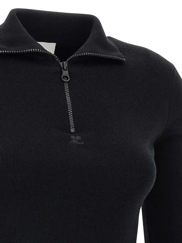 COURREGES Wool Knit Mini Dress With Quarter Zip - Black